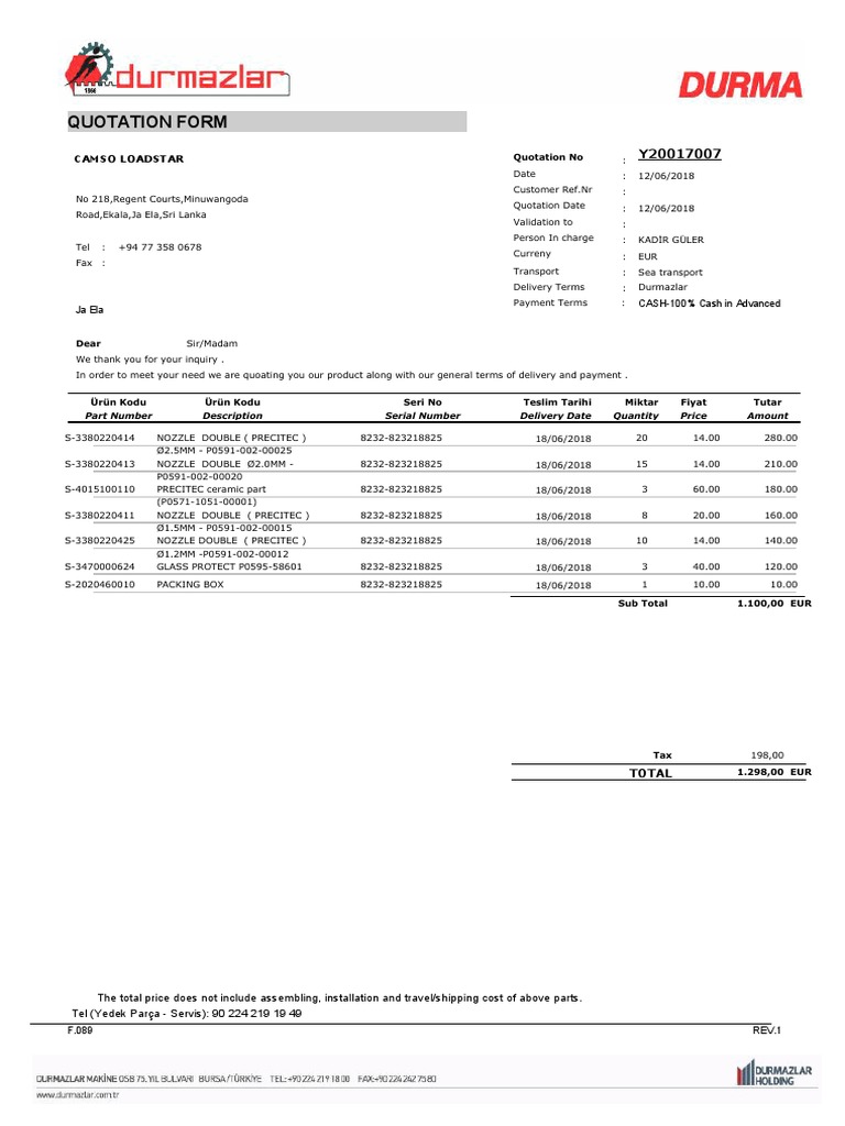 Quotation Form: Camso Loadstar | Download Free PDF | Taxes | Trade