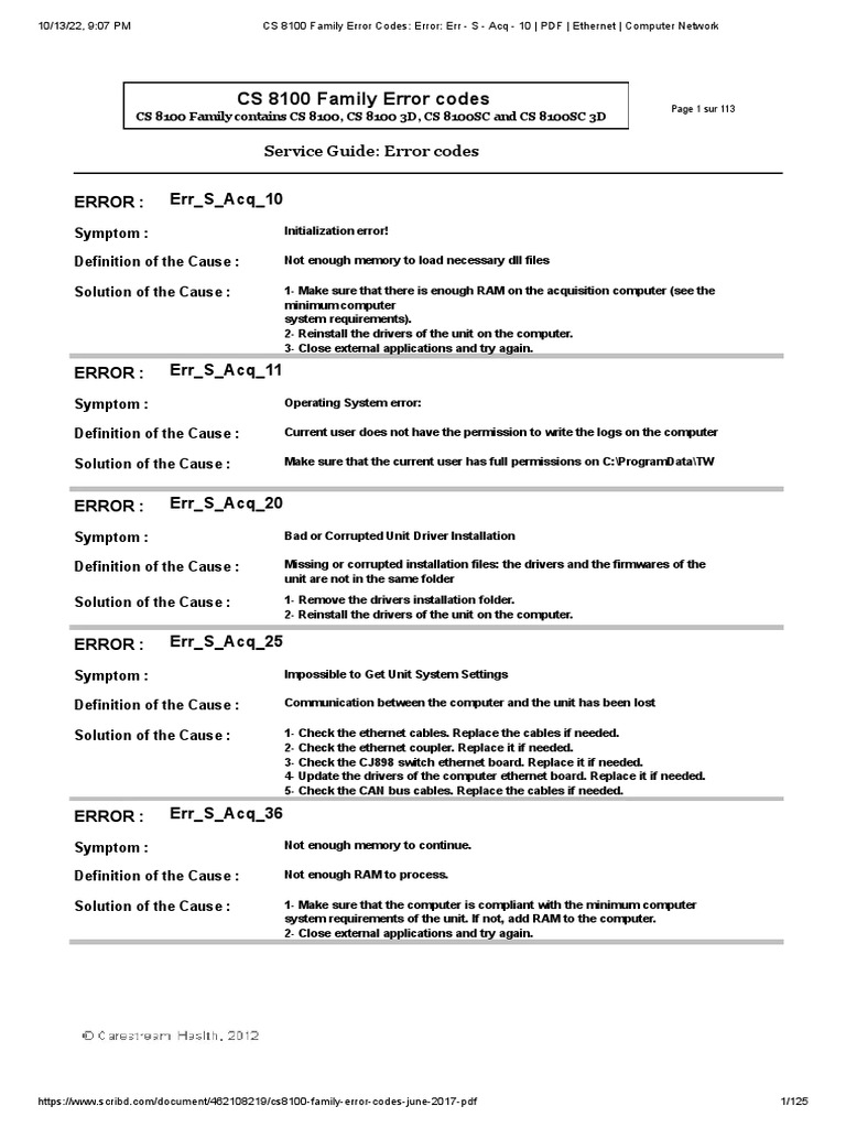 CS 8100 Family Error Codes - Error - Err - S - Acq - 10 - PDF ...