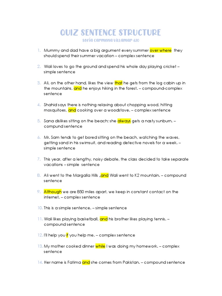 Quiz Sentence Structure | PDF