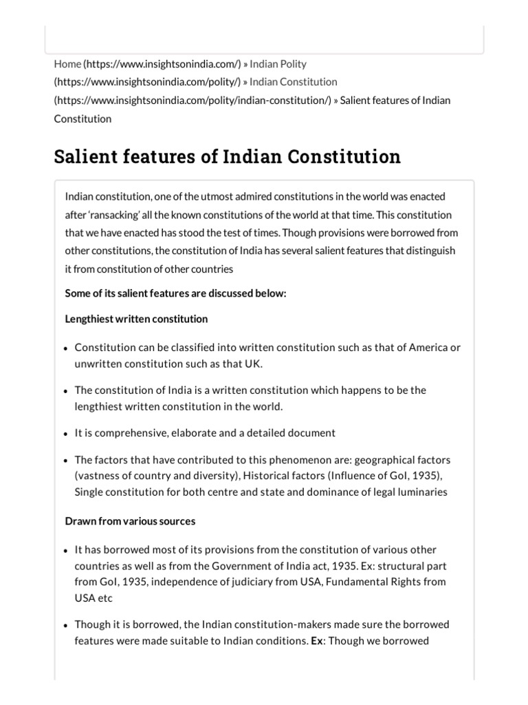 Salient Features of Indian Constitution - INSIGHTSIAS | PDF | Sources Of Law | Social Institutions