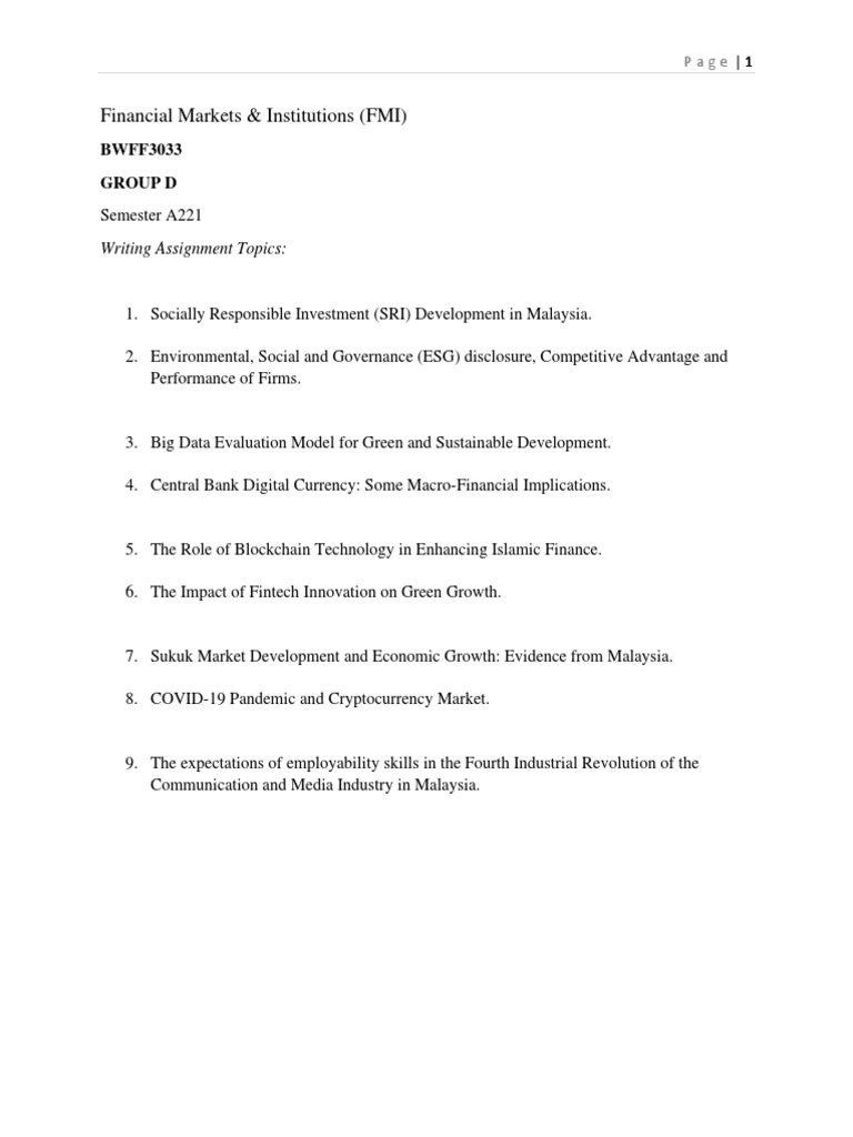 FMI A221 Assignment Topics - Group D 23 Oct 2022 Okay | PDF | Economies | Business