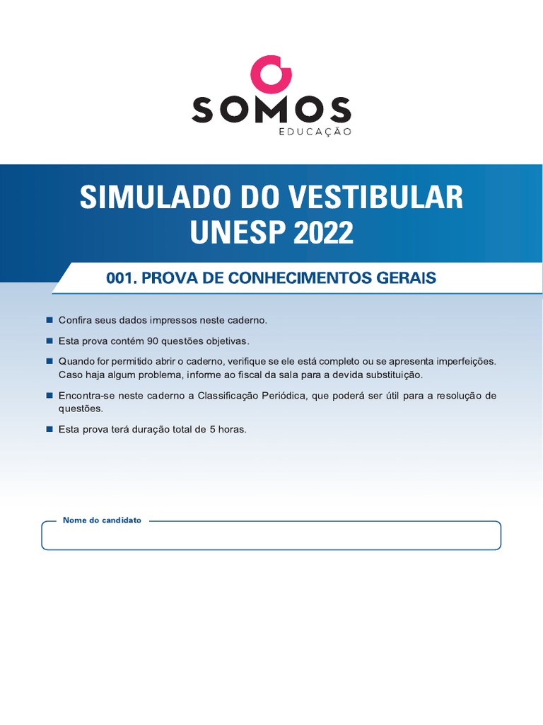 1o Simulado SOMOS Unesp P 1 2022 1a Fase | PDF