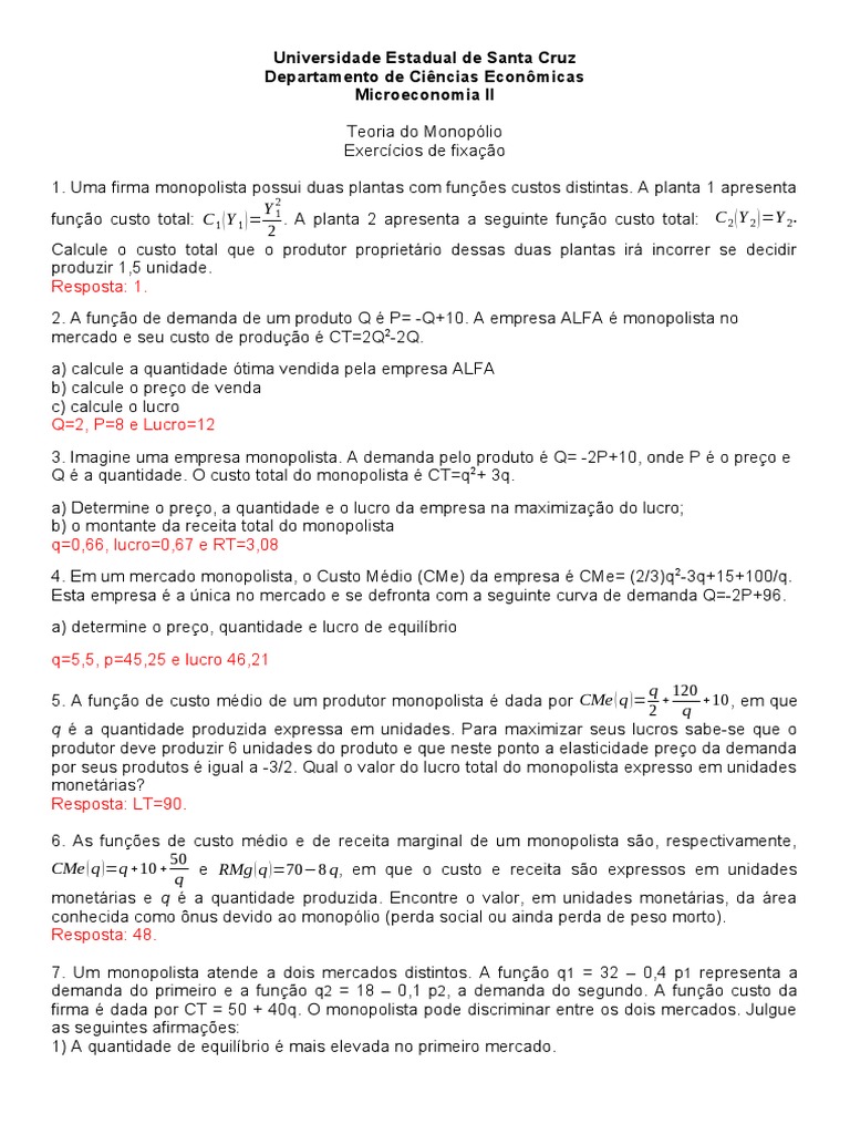 Lista Complementar Monopolio - Respostas | PDF
