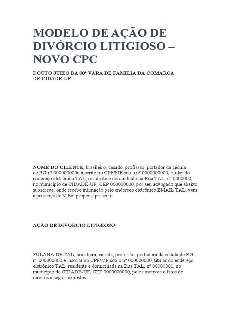 Modelo de Ação de Divórcio Litigioso | PDF | Divórcio | Direito Comum