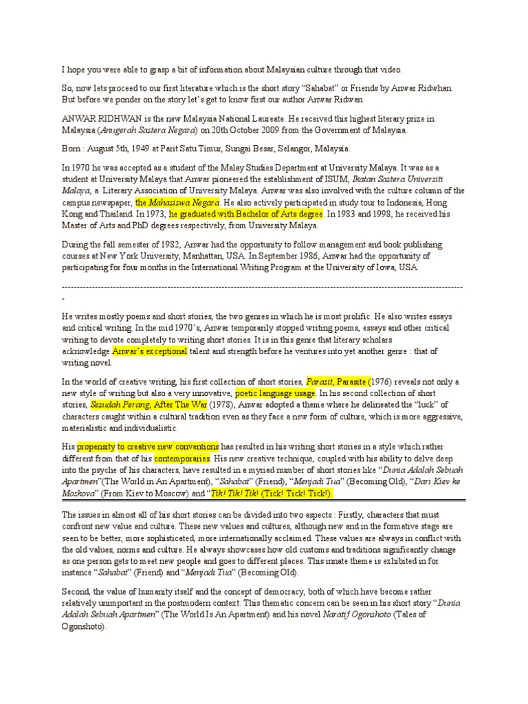 Understanding Anwar Ridhwan and his short story "Sahabat | PDF | Malaysia