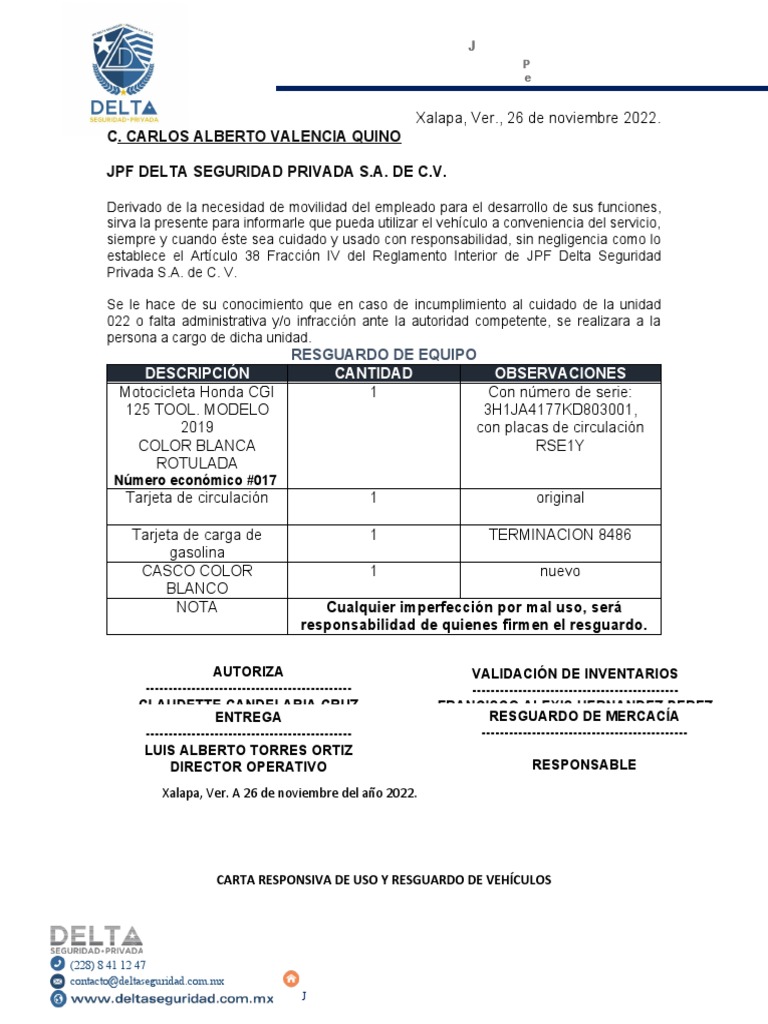 Formato Resguardo Auto2 | PDF