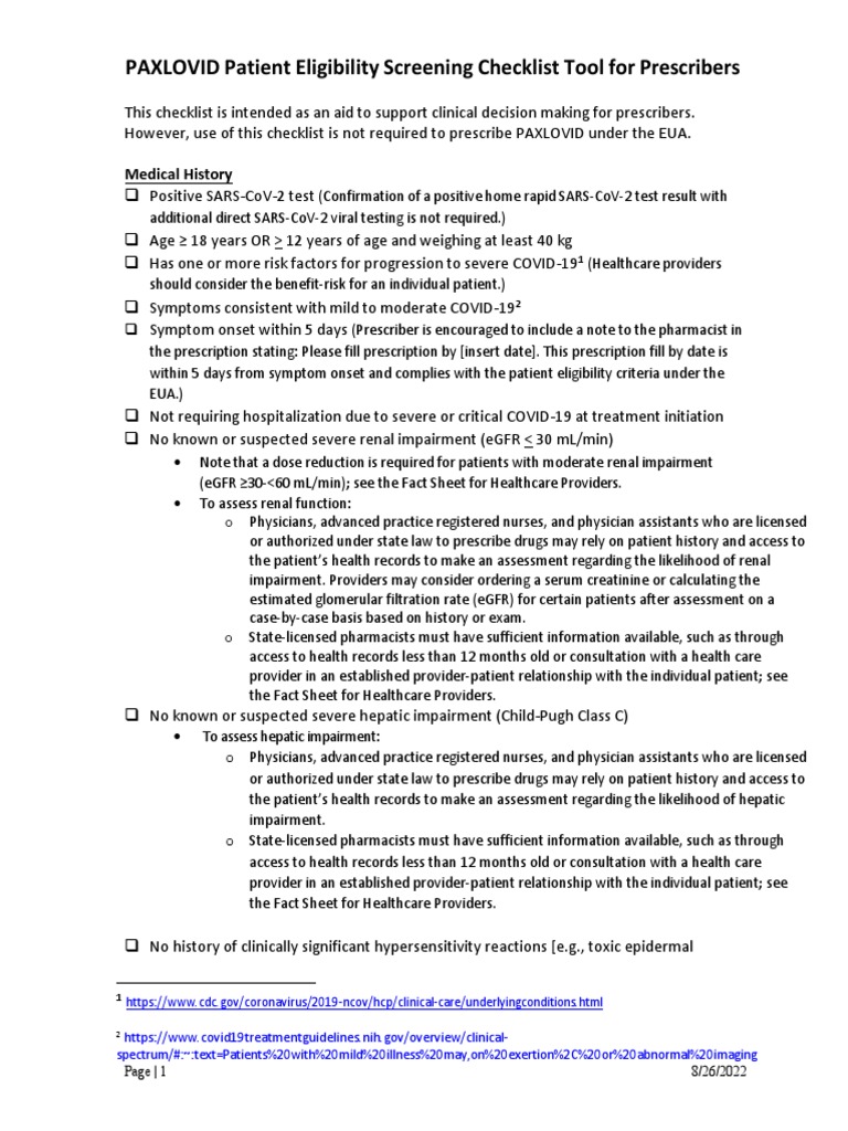 PAXLOVID Patient Eligibility Screening Checklist and Drug Interaction ...