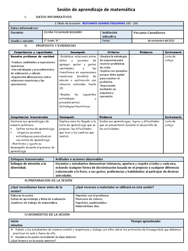 Sesión de Aprendizaje Restamos Usando Esquemas | PDF | Aprendizaje | Evaluación