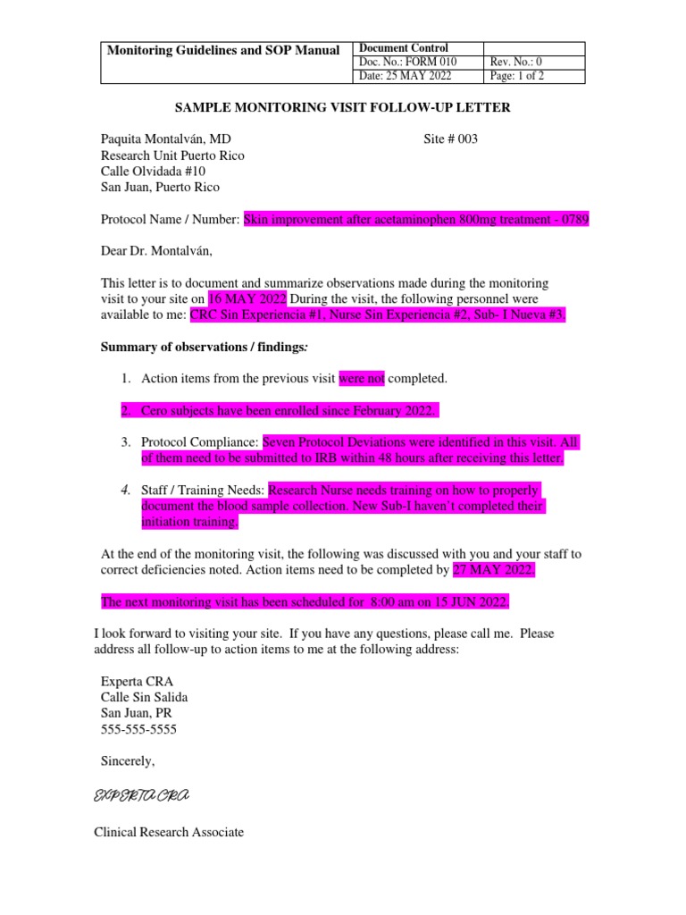 Sample Monitoring Visit Follow-Up Letter - Removed | PDF