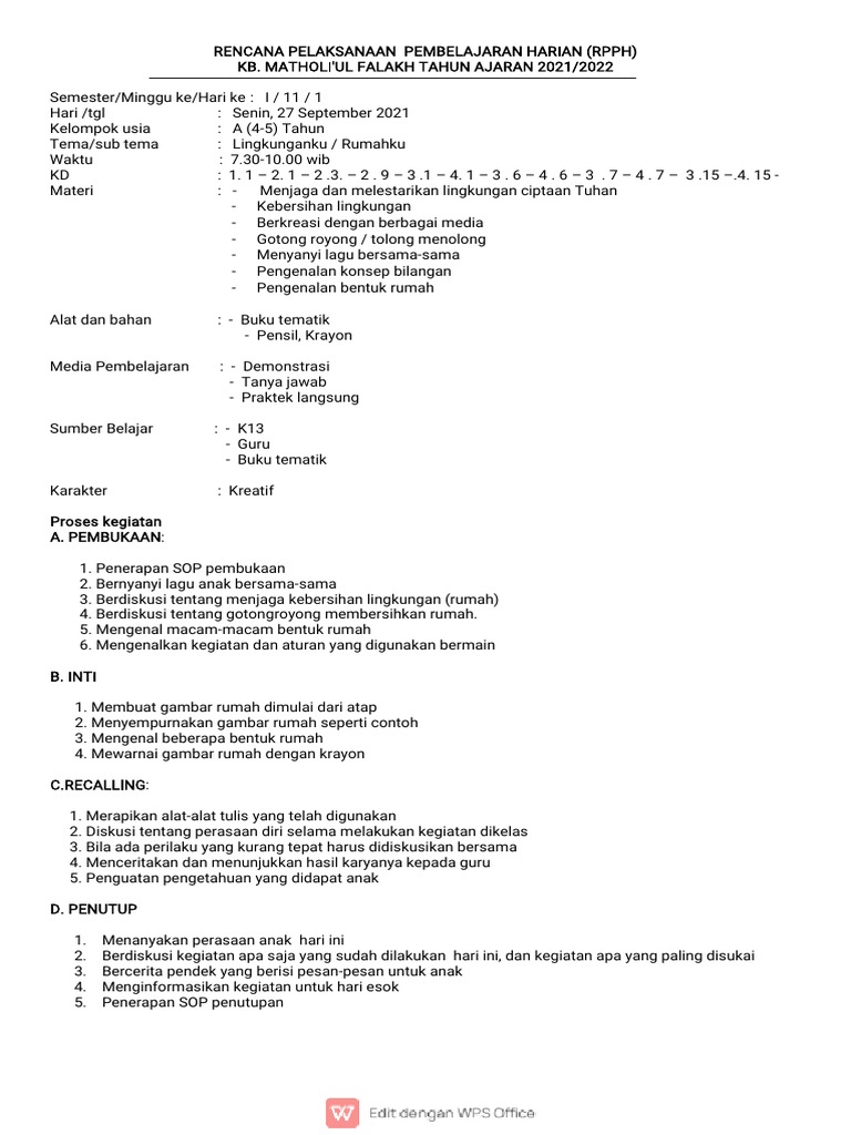 RPPH TK A Tema Lingkunganku | PDF