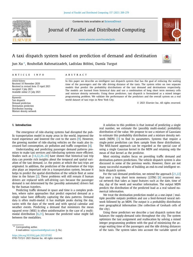Journal of Parallel and Distributed Computing: Jun Xu, Rouhollah Rahmatizadeh, Ladislau Bölöni ...