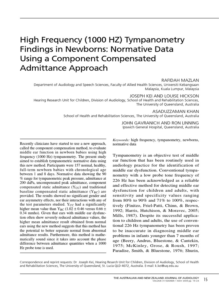 1000 Hz Tympanometry Norms in Newborns | PDF | Analysis Of Variance ...