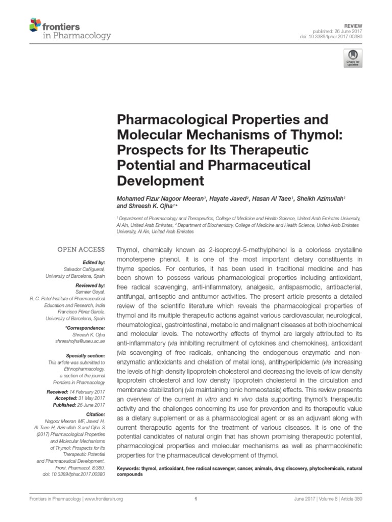Pharmacological Properties and Molecular Mechanisms of Thymol ...