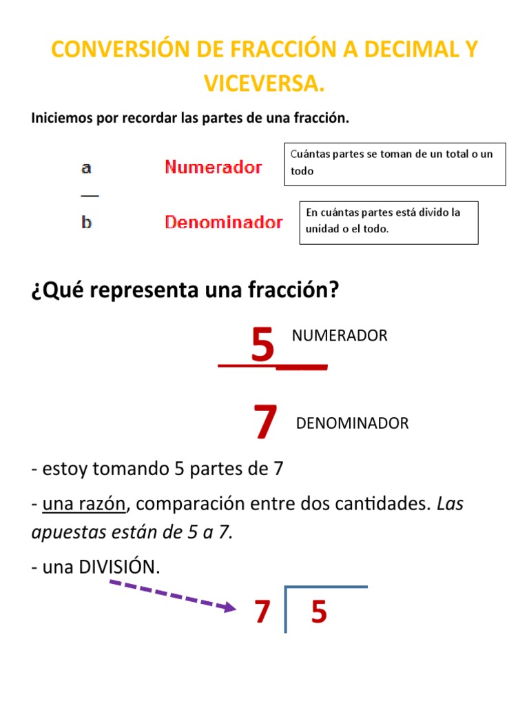 CONVERSIÓN DE FRACCIÓN A DECIMAL Y VICEVERSA - 1ro | PDF