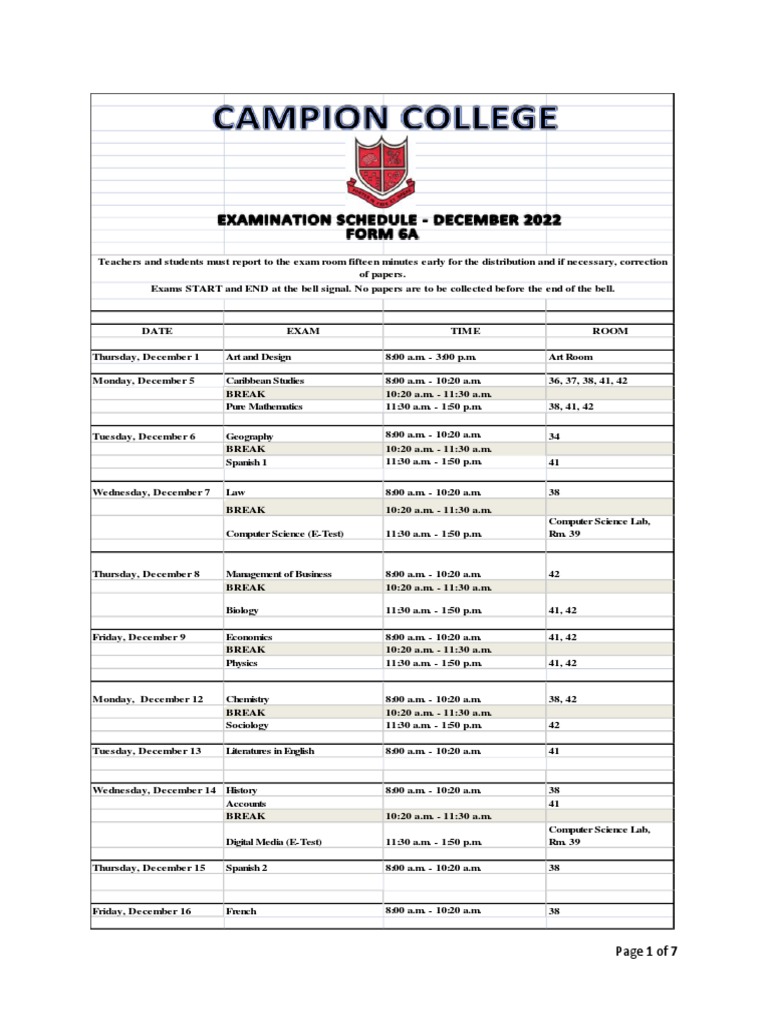 CC - Christmas Exam Timetable-Final | PDF | Test (Assessment ...
