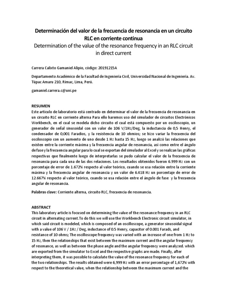 Frecuencia de Resonancia en Circuito RLC | PDF | Impedancia eléctrica ...