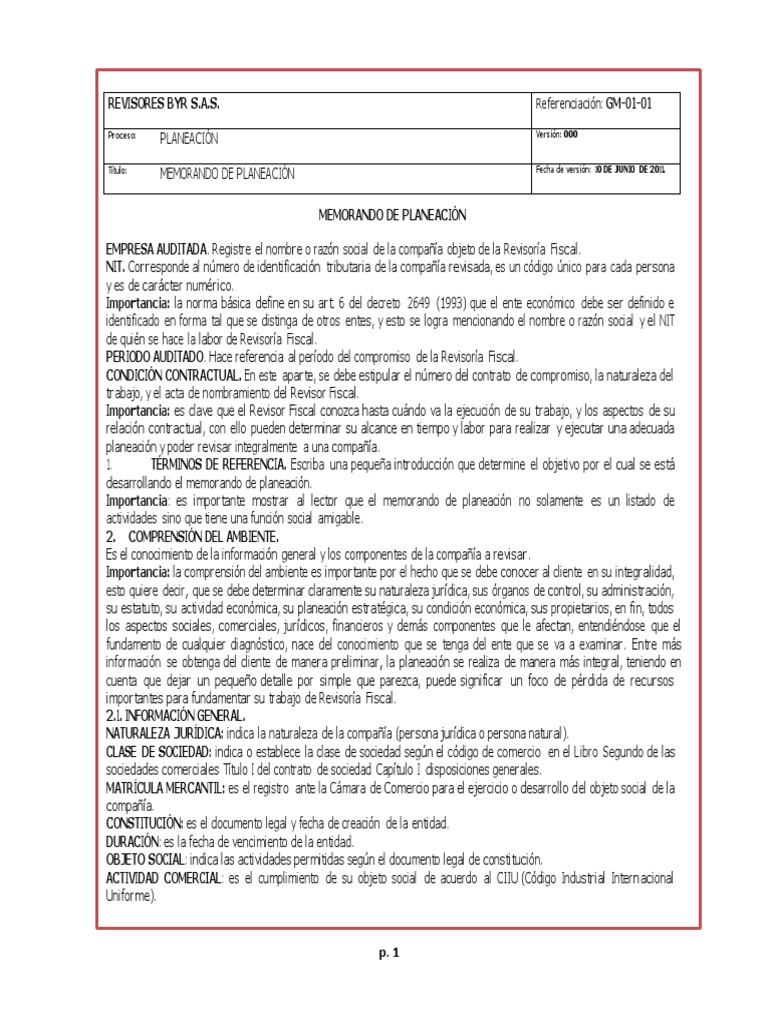Modelo Memorando De Planeación Pdf Sociedad De Responsabilidad