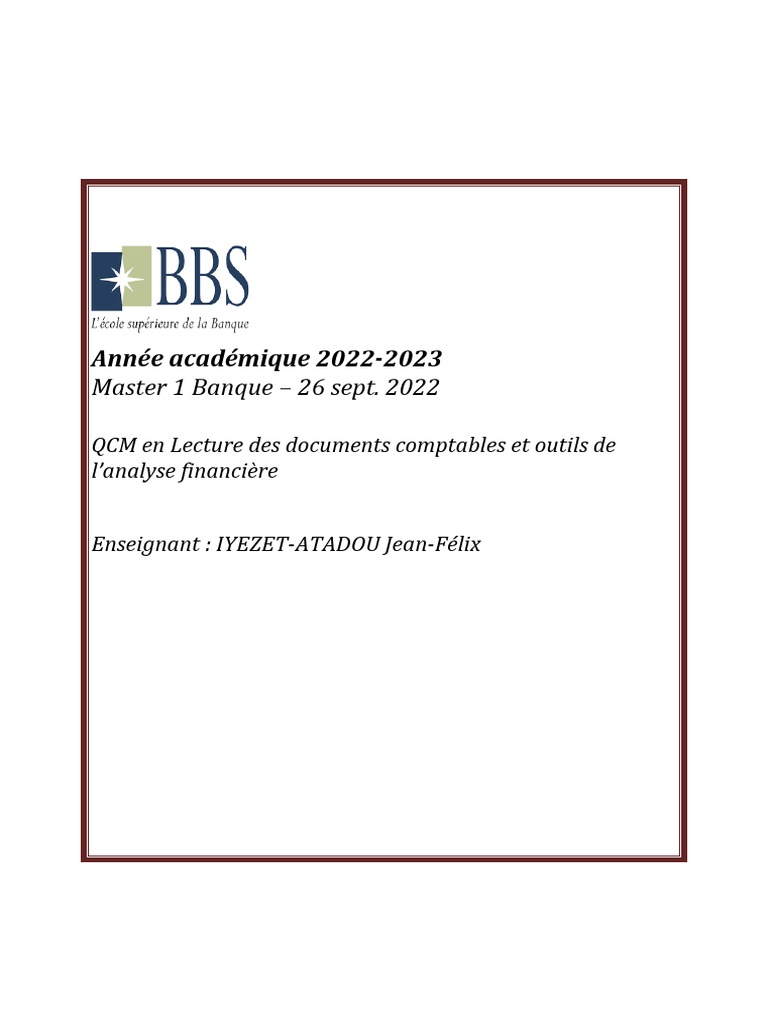 QCM Pour Éudiants de Master 1 Banque | PDF | Revenu brut | Comptabilité