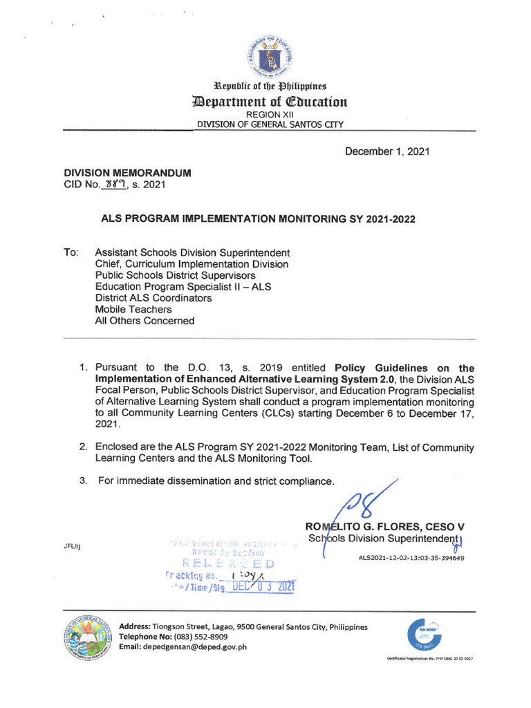 Division Memo 889, S. 2021 - Als Program Implementation Monitoring Sy ...