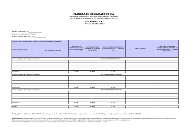 1 1 Modelo Planilla de Movilidad Por Dia | PDF | Gobierno