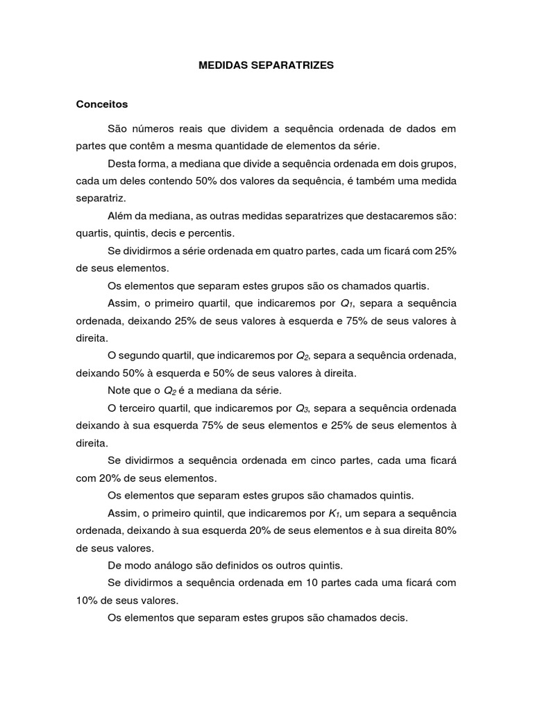Medidas Separatrizes | PDF | Mediana (Estatística) | Sequência