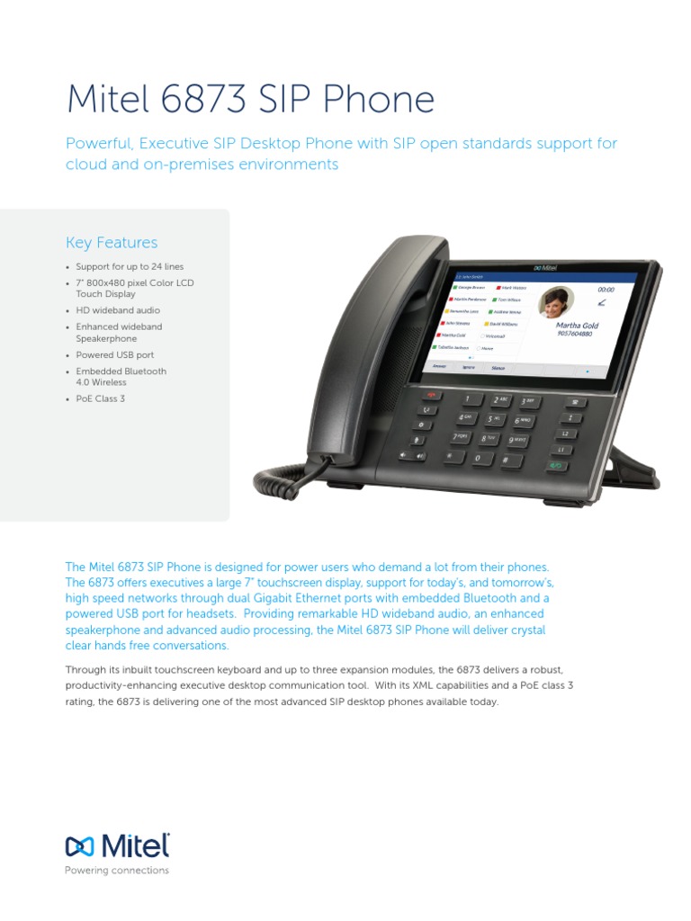 Mitel 6873 SIP Phone Datasheet 797481 R1603 EN W | PDF | Session Initiation Protocol | Bluetooth
