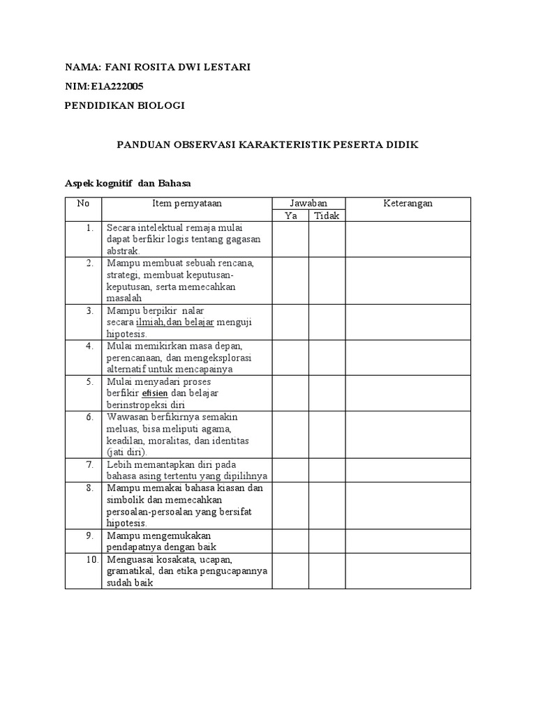 Panduan Observasi Karakteristik Peserta Didik | PDF
