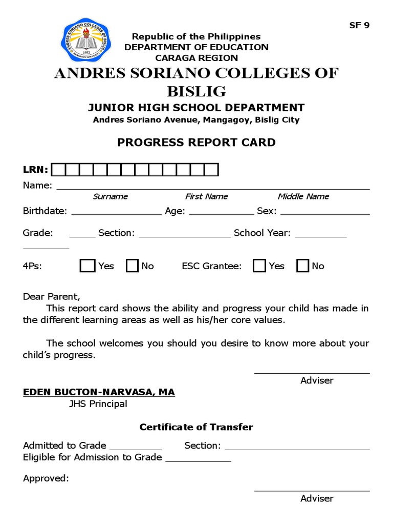 JHS Report Card | PDF | Learning | Cognition