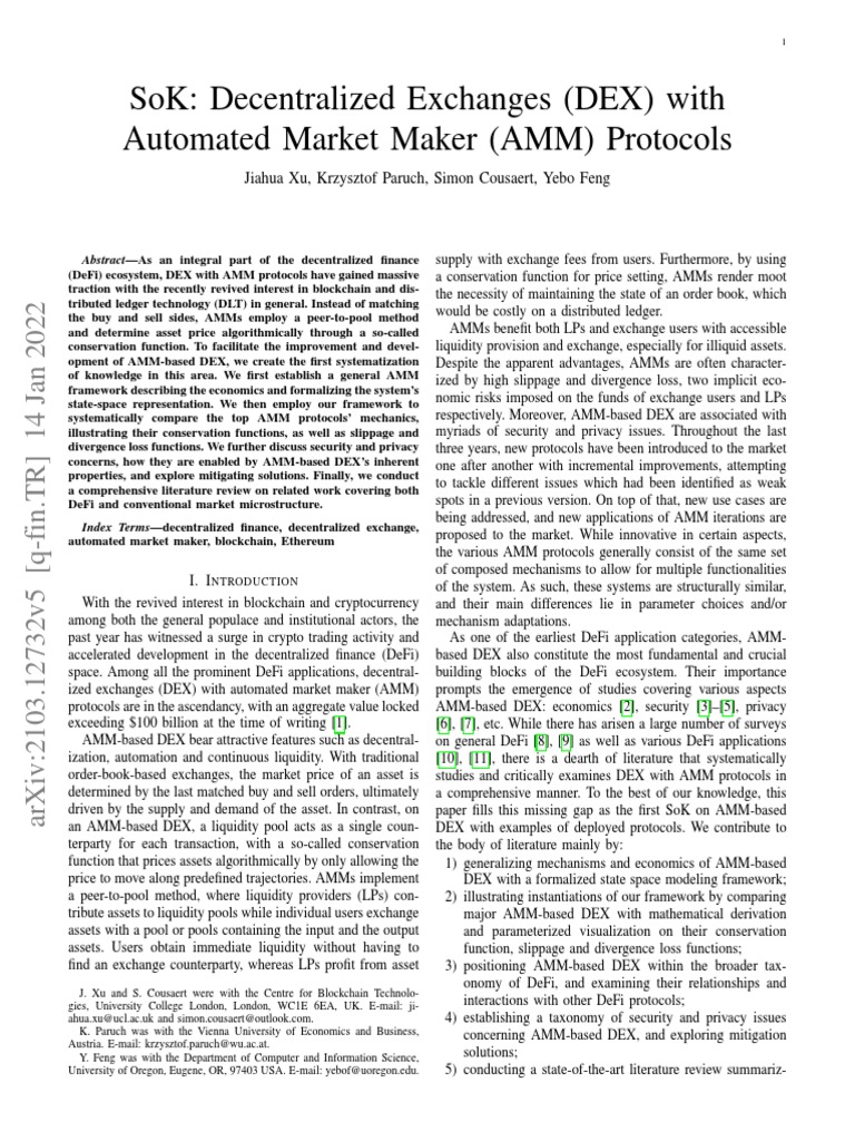 Sok: Decentralized Exchanges (Dex) With Automated Market Maker (Amm ...