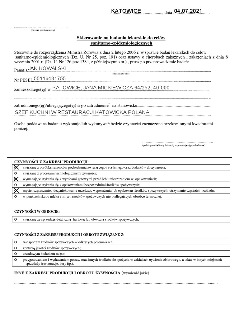 Wzor Jak Wypelnic Skierowanie Na Badania Sanitarno Epidemiologiczne | PDF