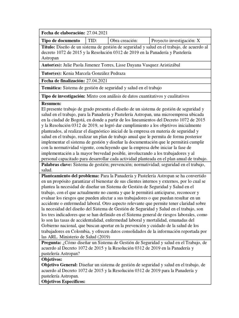 Diseño SGSSTPanaderia Pasteleria Astropan | PDF | Seguridad y salud ...