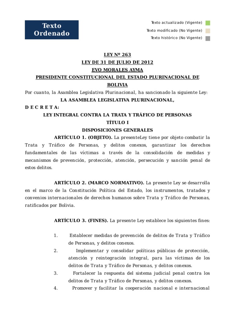 Ley 263, Ley Integral Contra La Trata y Tráfico de Personas | PDF | Ministerio (Departamento de ...