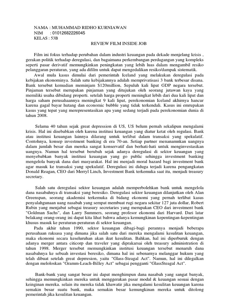 Tugas Review Film Dokumenter Inside Job Muhammad Ridho Kurniawan | PDF