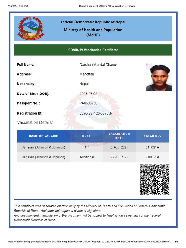 Digital Document of Covid-19 Vaccination Certificate | PDF