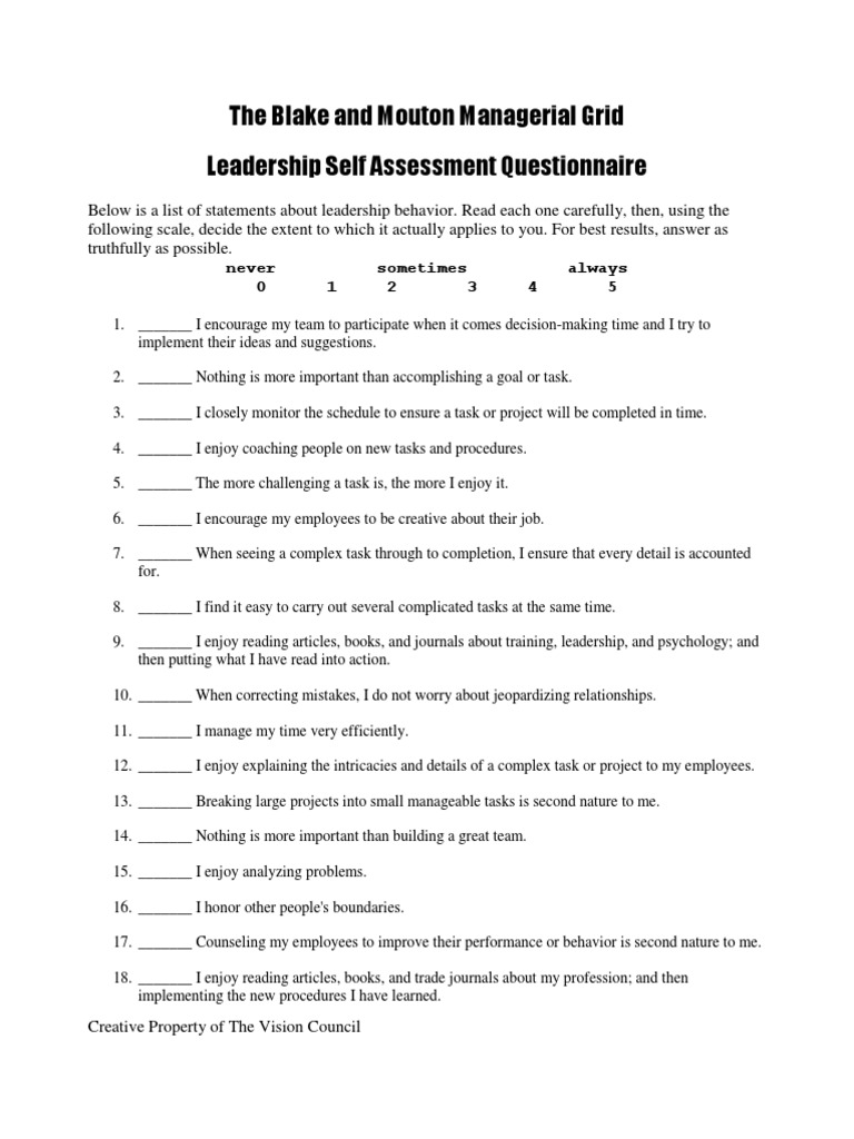 Leadership Matrix Self Assessment Questionnaire | PDF | Survey ...