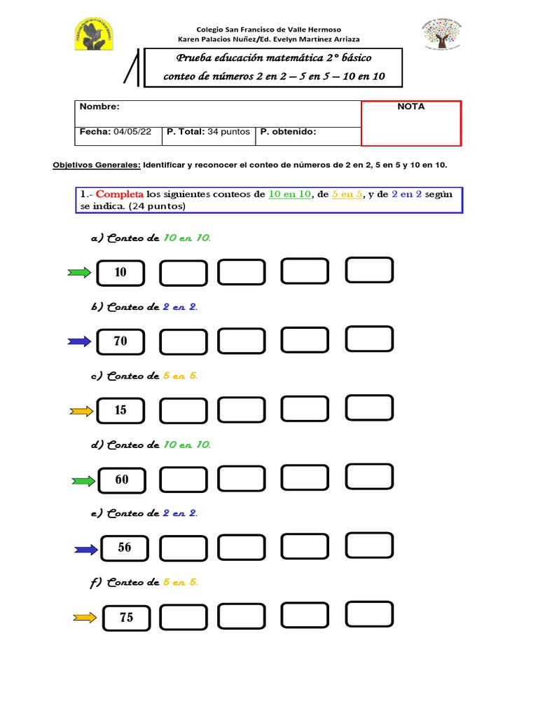 Prueba de Conteo 2 en 2, 5 en 5 y 10 en 10 Ok | PDF