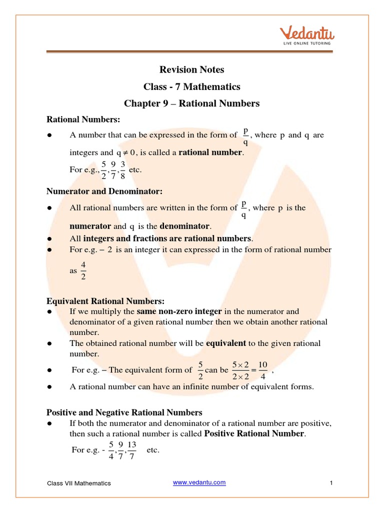 Class 7 Maths Chapter 9 Revision Notes | PDF | Rational Number | Numbers