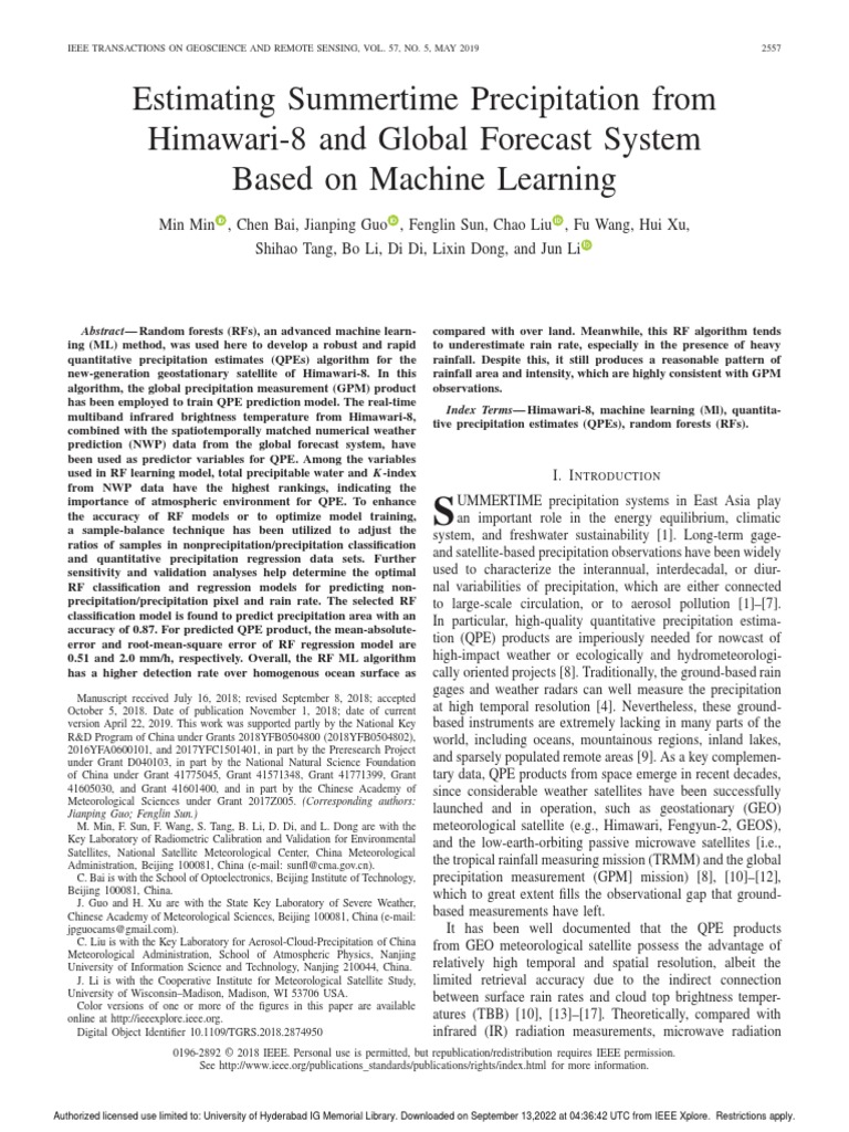 Estimating Summertime Precipitation From Himawari-8 and Global Forecast System Based On Machine ...