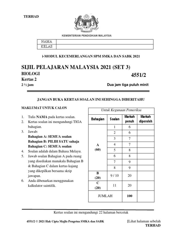 Biologi Kertas 2 Set 3 | PDF