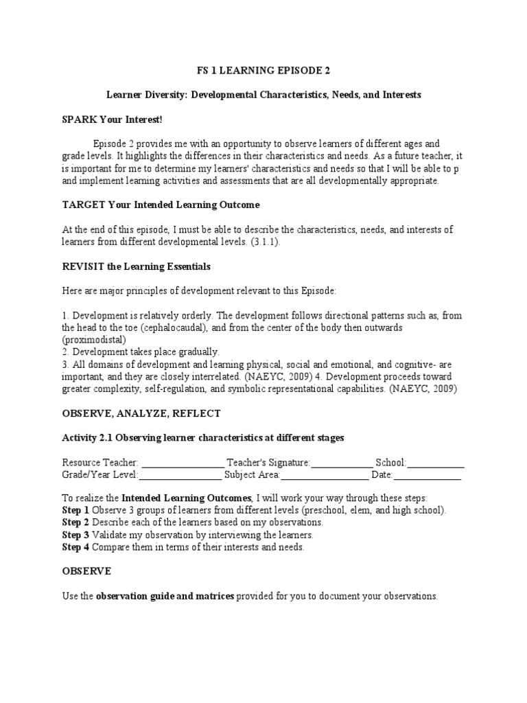 FS1-EP2-Learner Diversity | PDF | Learning | Preschool
