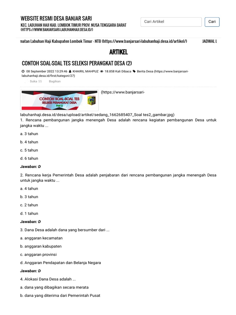 Contoh Soal-Soal Tes Seleksi Perangkat Desa (2) - Desa Banjar Sari | PDF