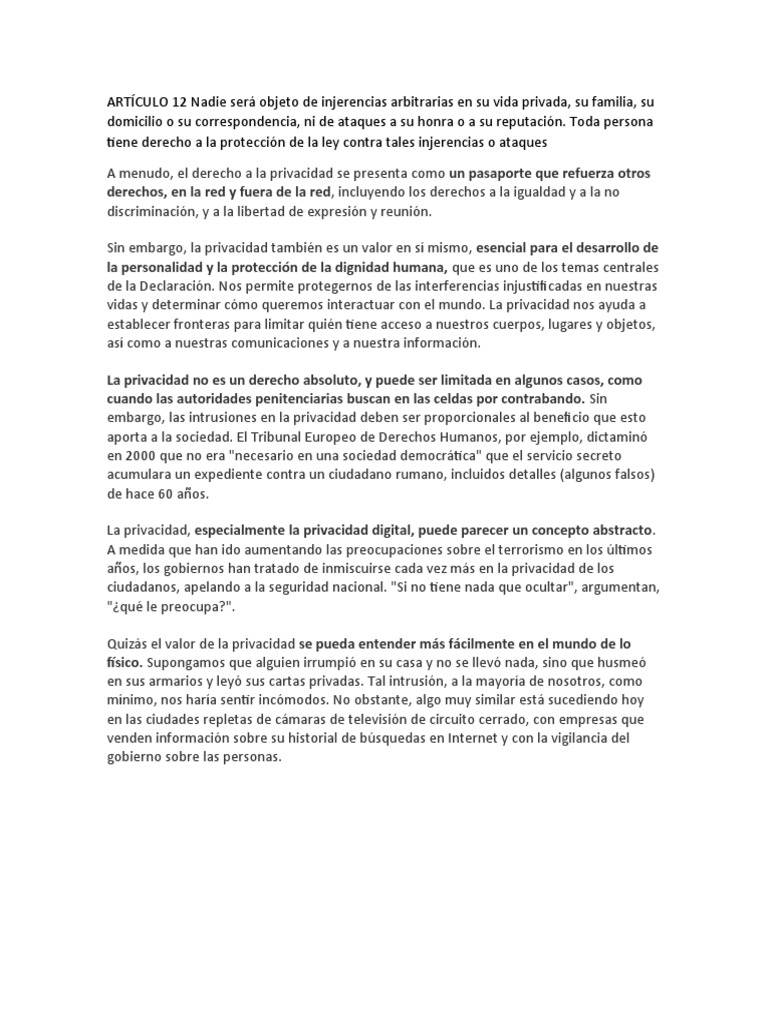 ARTÍCULO 12 Nadie Será Objeto de Injerencias Arbitrarias en Su Vida ...
