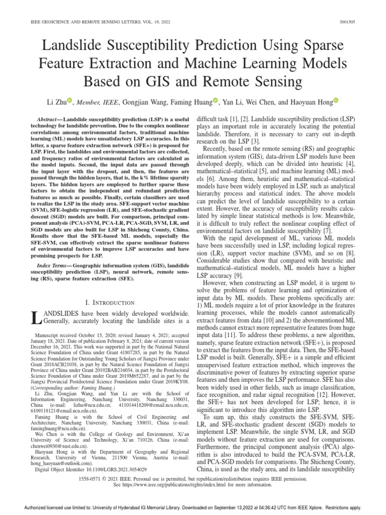 Landslide Susceptibility Prediction Using Sparse Feature Extraction and Machine Learning Models ...