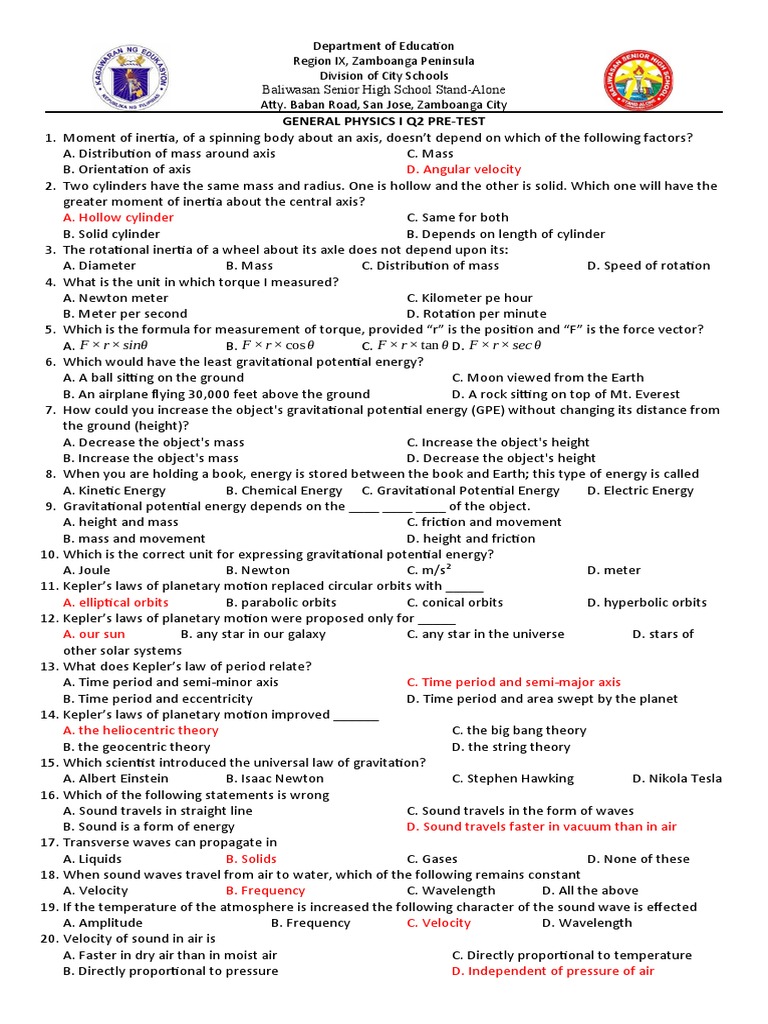 General Physics I Q2 Pre | PDF | Orbit | Rotation Around A Fixed Axis
