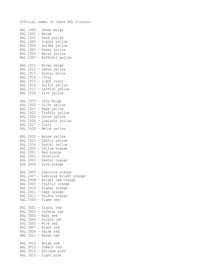 Official RAL Colour Names List | PDF | Blue | Yellow