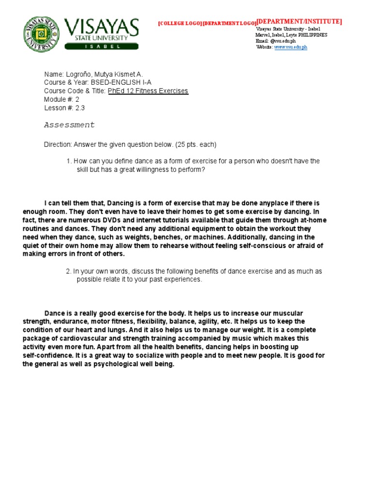 PhEd 12 Lesson 2.3 Assessment | PDF