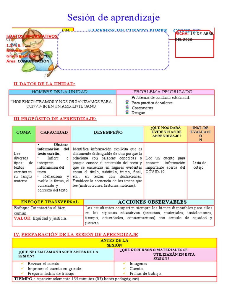 Sesion de Aprendizaje Leemos Un Cuento Sobre El Covid 19 | PDF ...