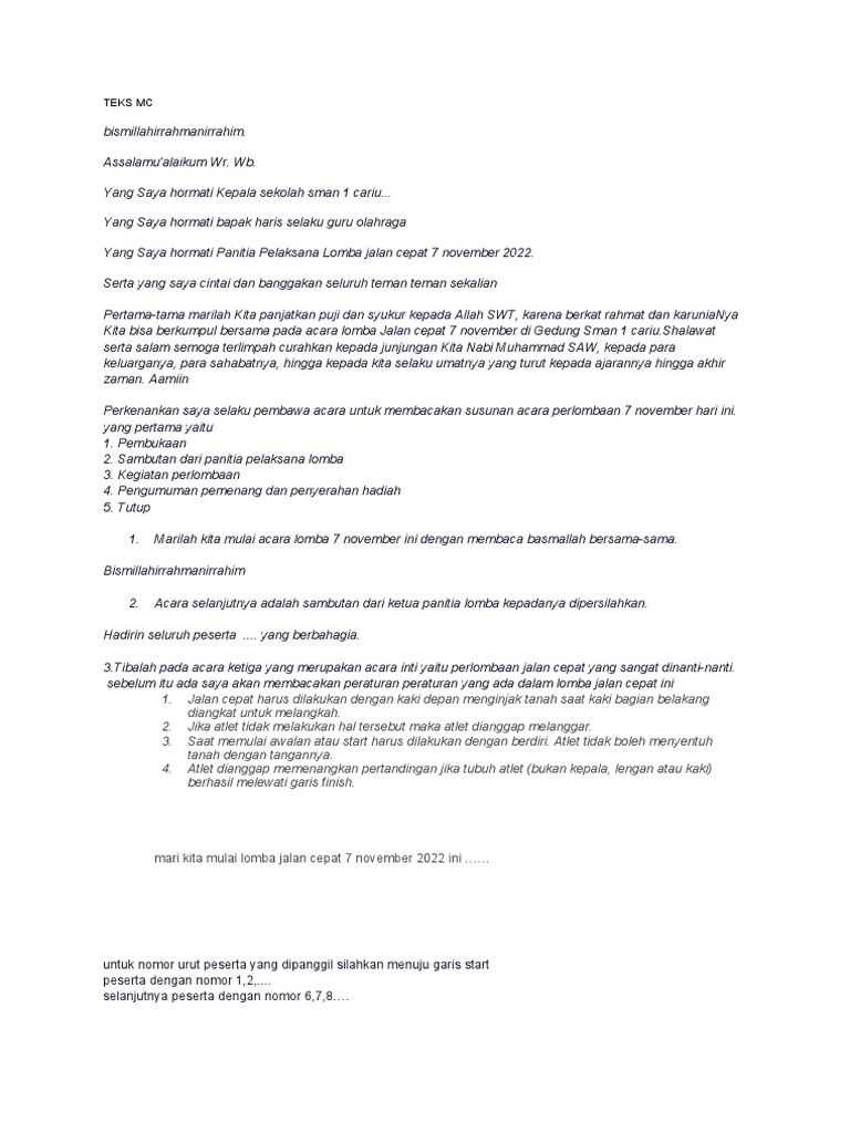 Teks MC Lomba Jalan Cepat 2022 | PDF