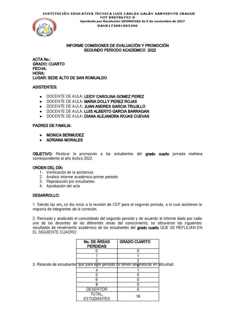 ACTA SEGUNDO PERIODO 2022 Grado Cuarto. | PDF