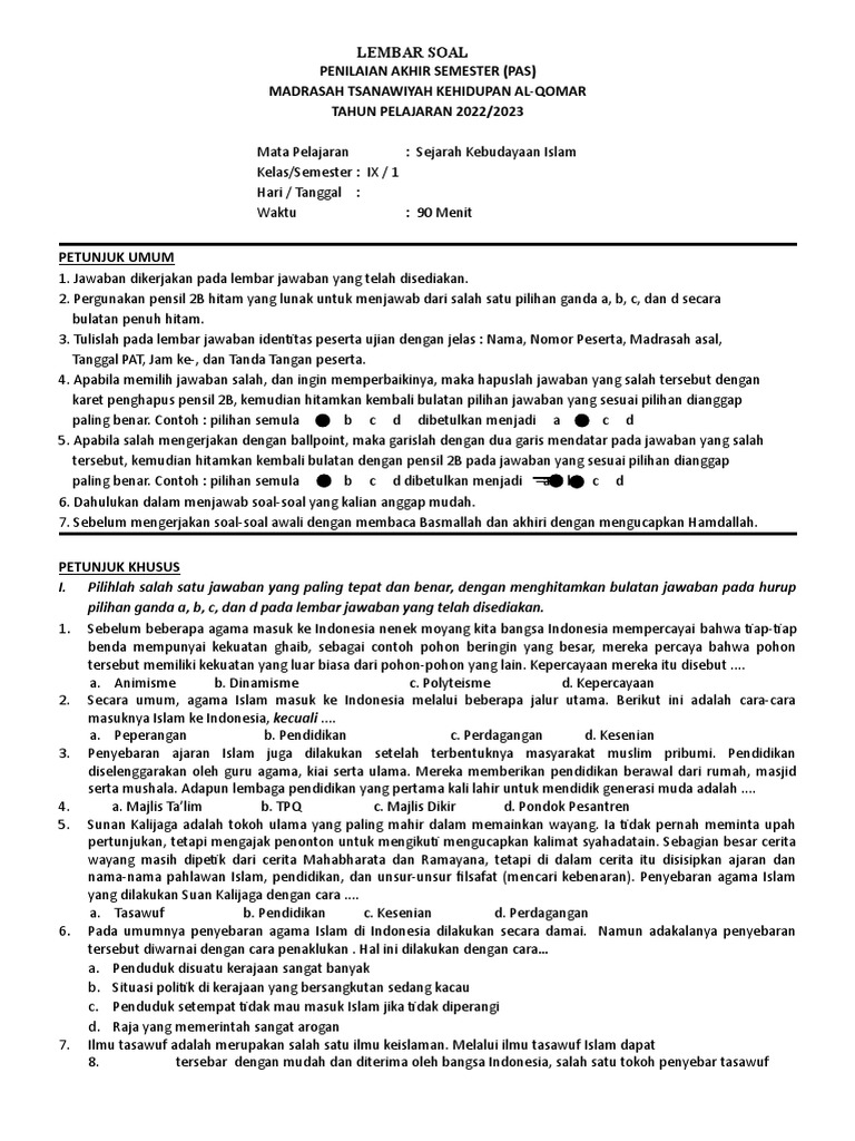 Soal PAS SKI Kelas 9 | PDF